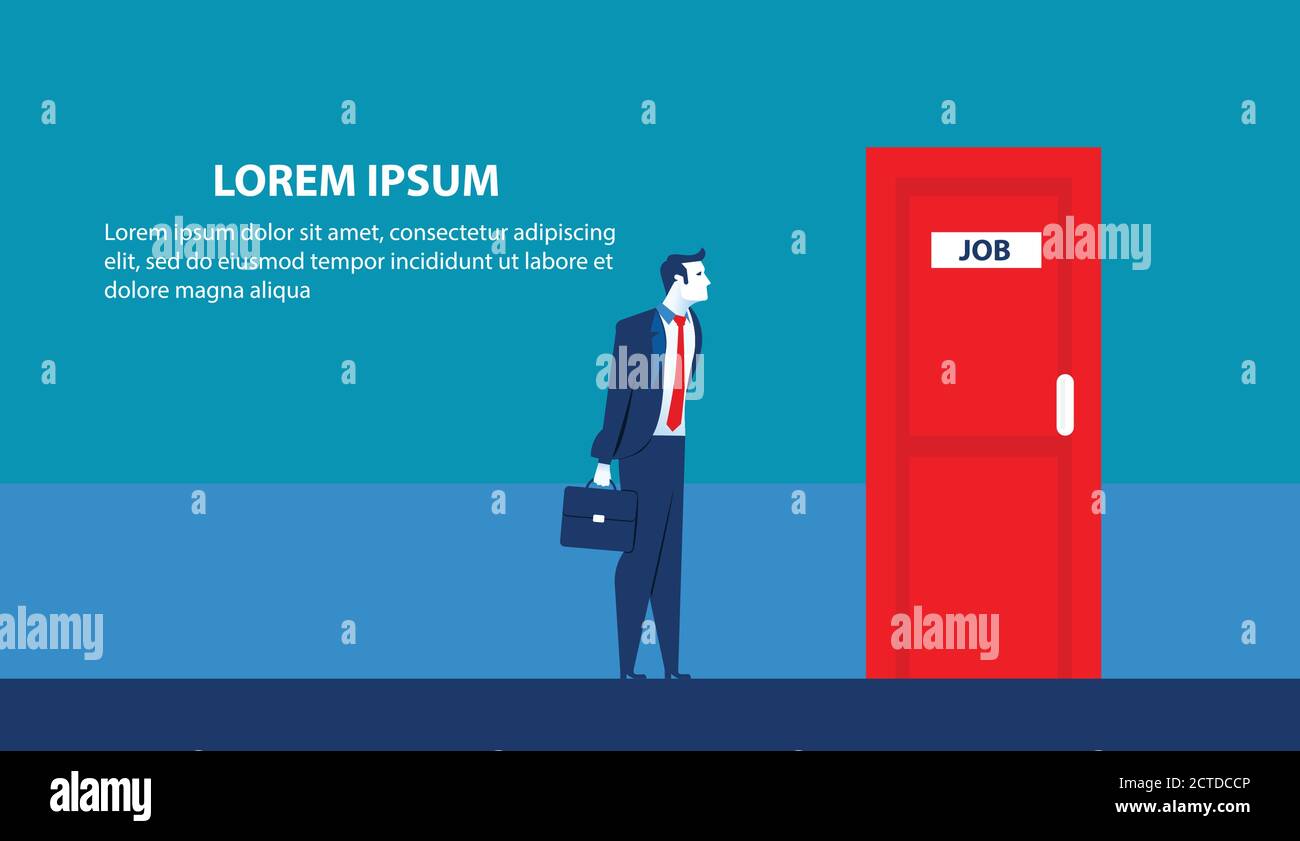 Businessman searching for job. Man standing candidate office room doors ...
