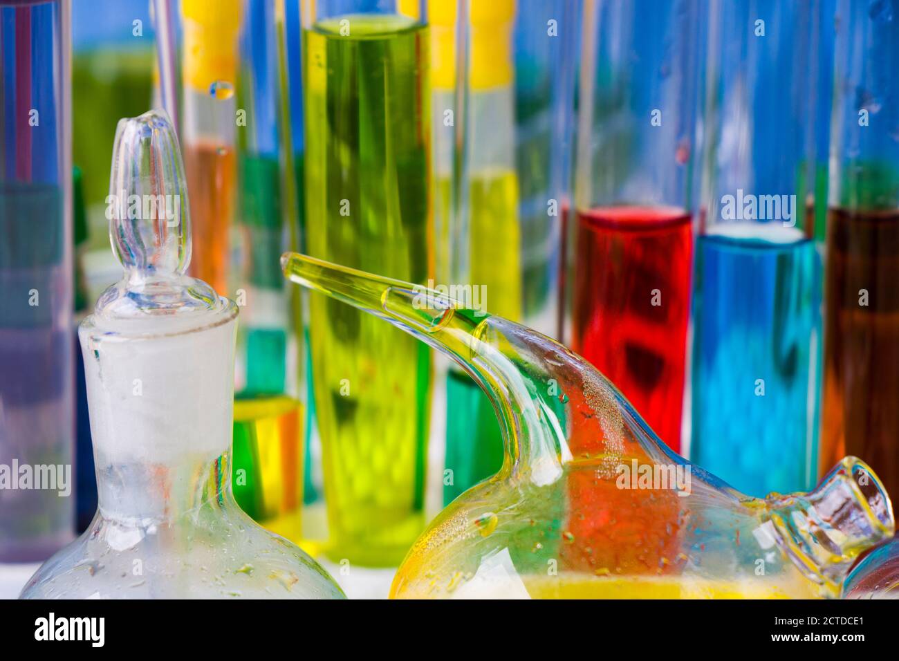 Laboratory instruments, glassware and reagents, colorful liquid ...