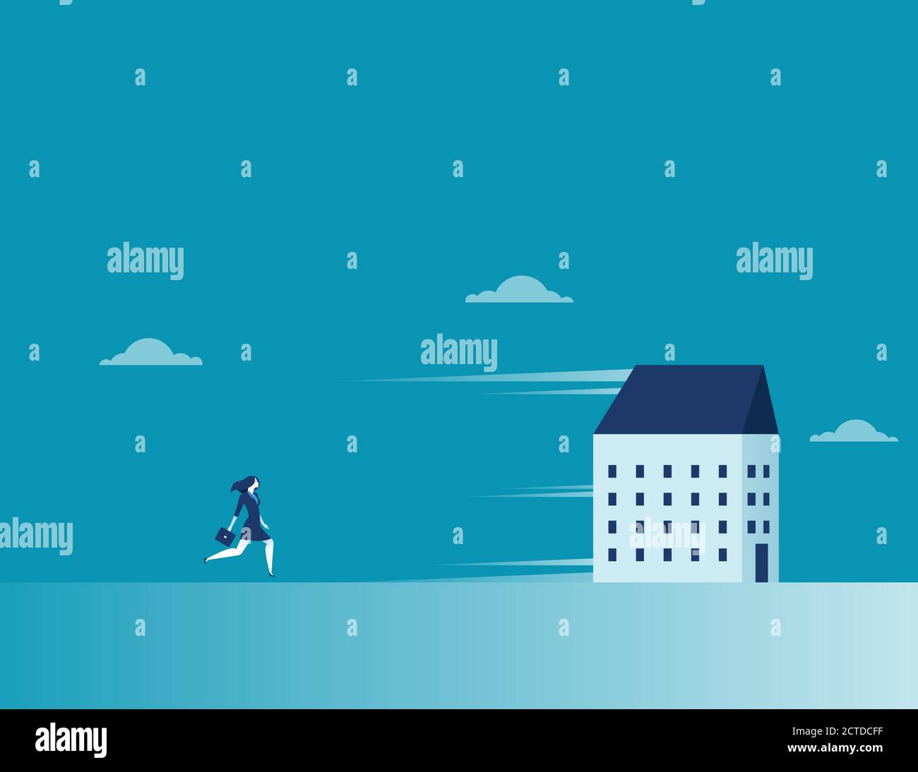 Businesswoman chasing a running house. Concept business symbol ...