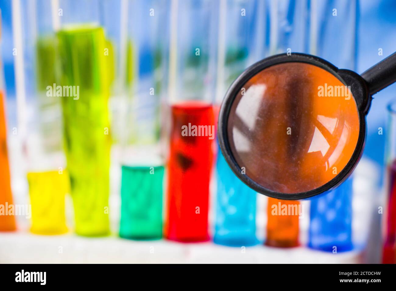 Laboratory instruments, glassware and reagents, colorful liquid ...