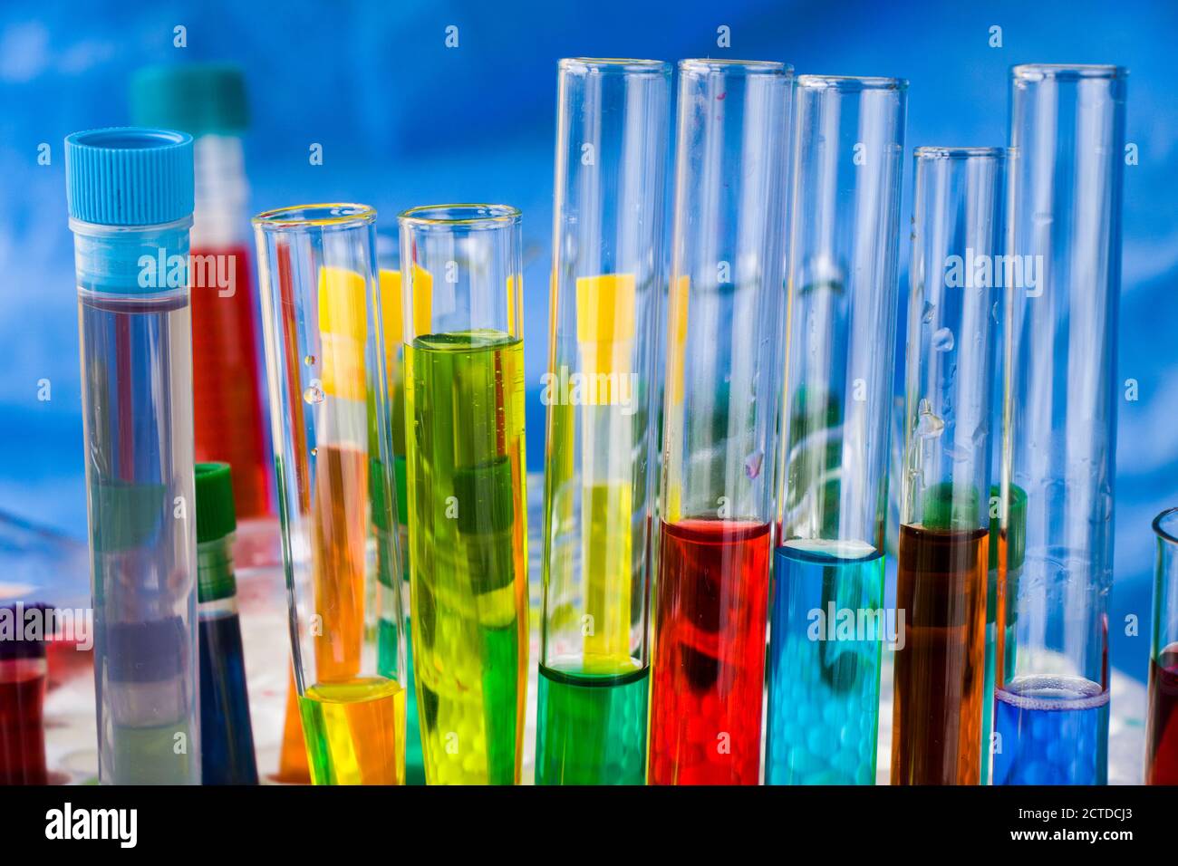 Laboratory instruments, glassware and reagents, colorful liquid ...