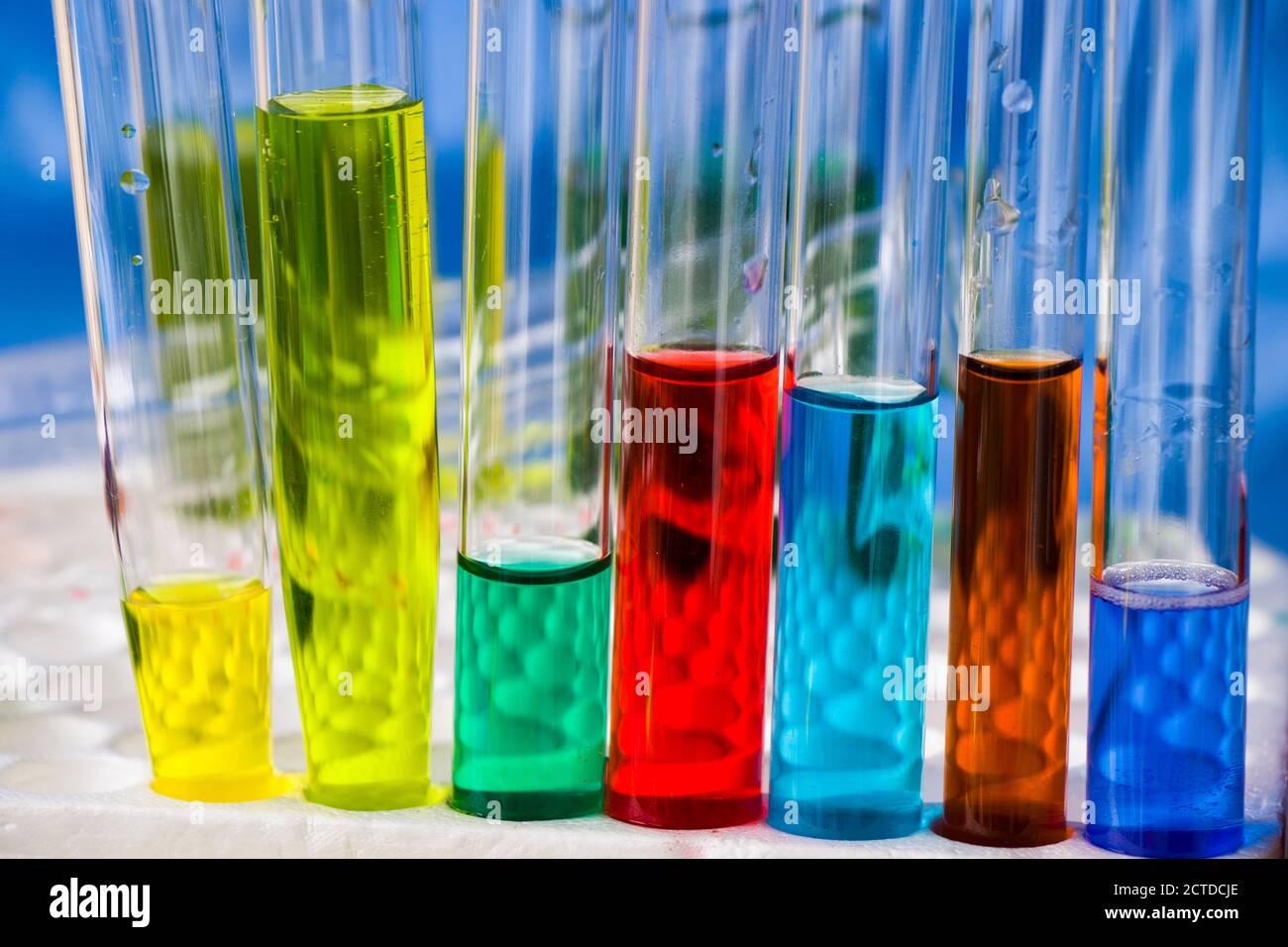 Laboratory instruments, glassware and reagents, colorful liquid ...