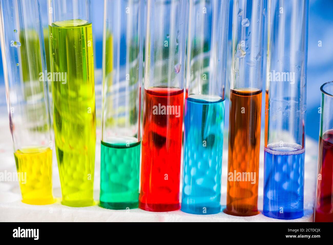 Laboratory instruments, glassware and reagents, colorful liquid ...