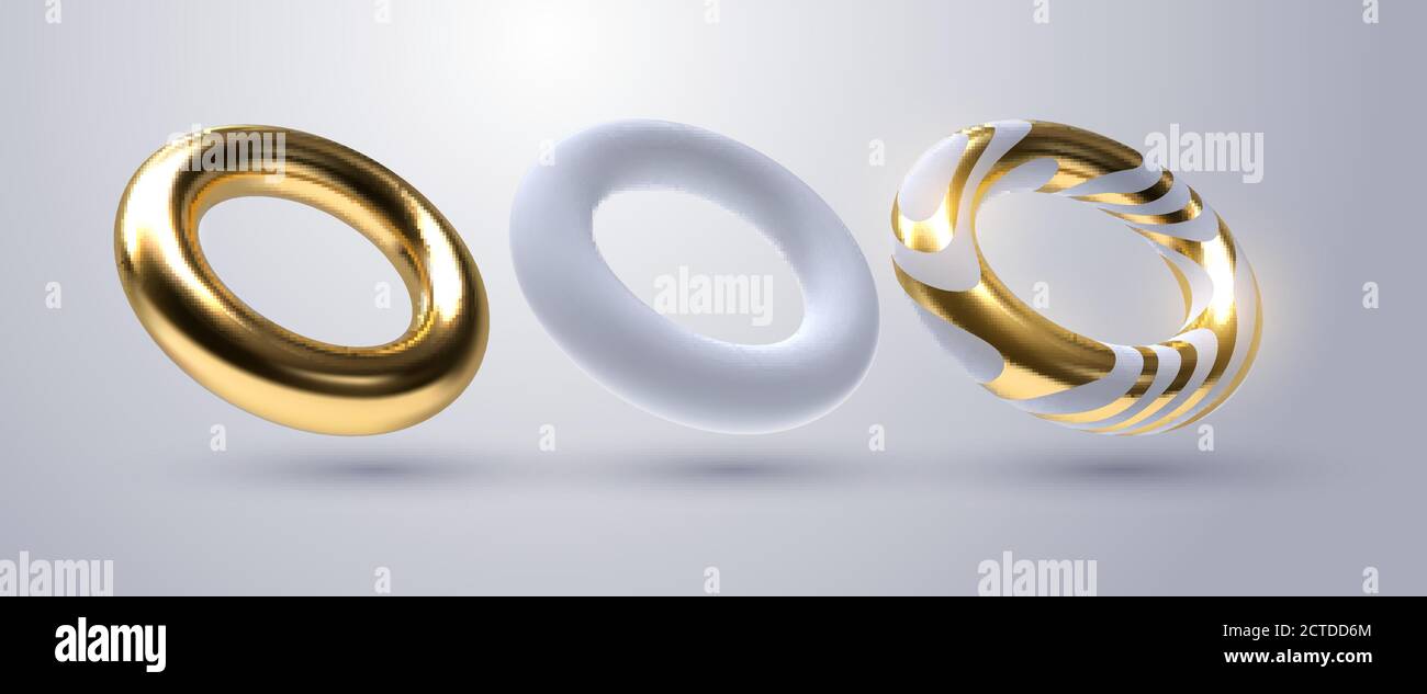 Realistic torus shapes. Vector geometric illustration. 3d golden and ...