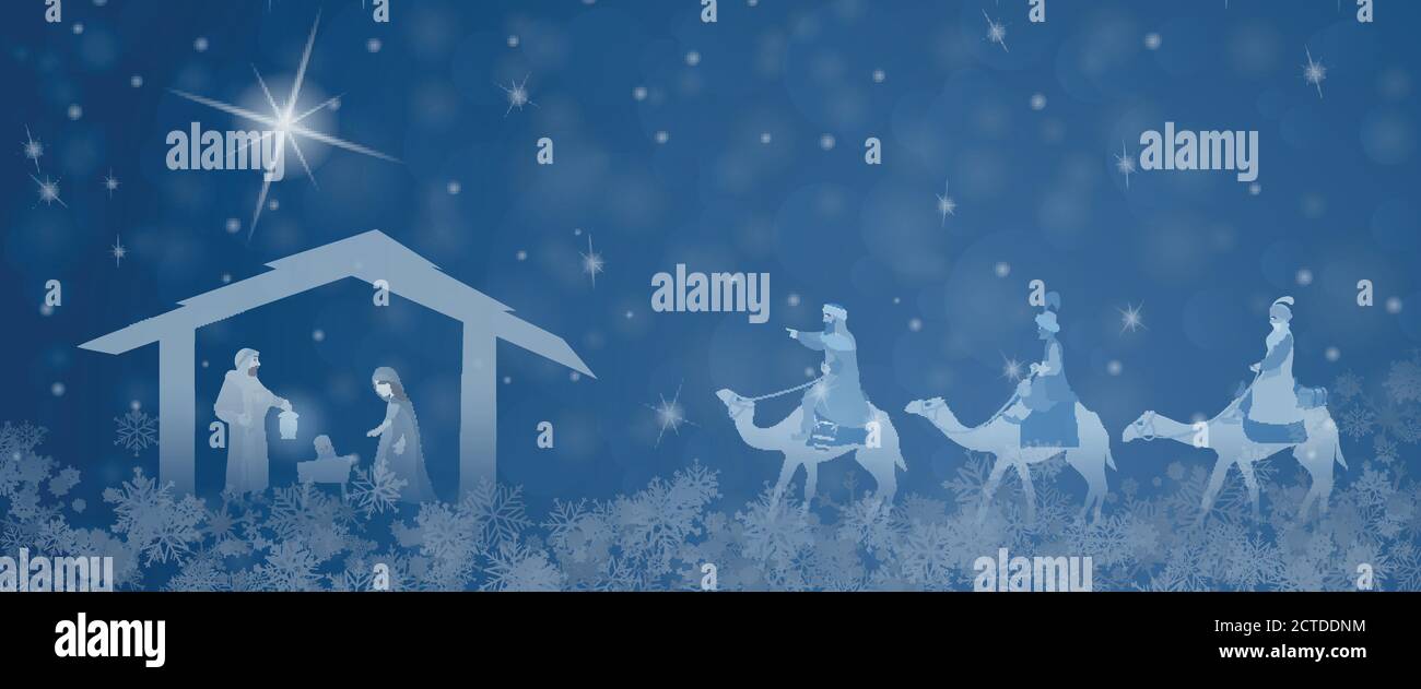 Christmas time. Nativity scene with Mary, Joseph, baby Jesus, shepherds ...