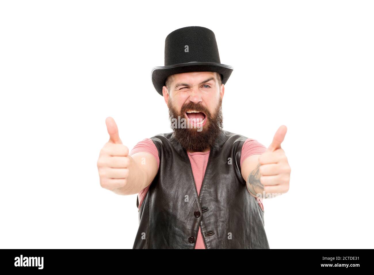 Magician circus worker. Man bearded guy cheerful face solve problem as ...