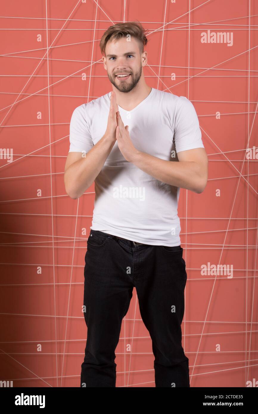 Guy bearded and attractive rubs hands cunningly. Masculinity concept ...