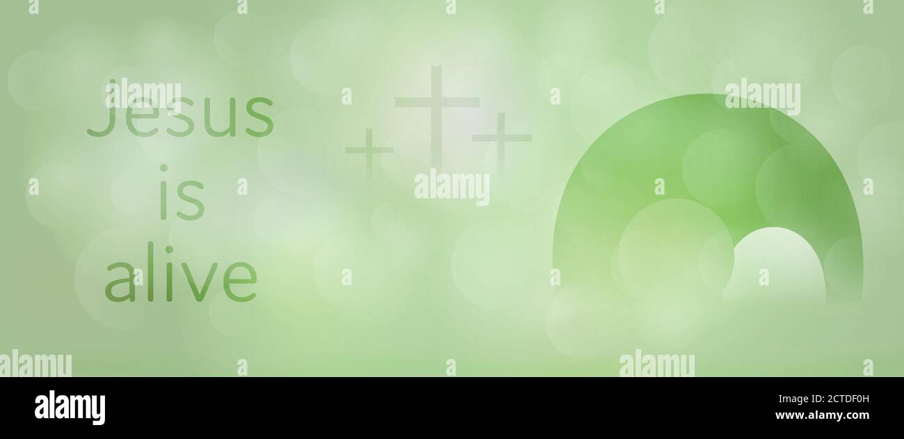 Easter background. Three crosses and empty tomb. Jesus is alive. He is ...