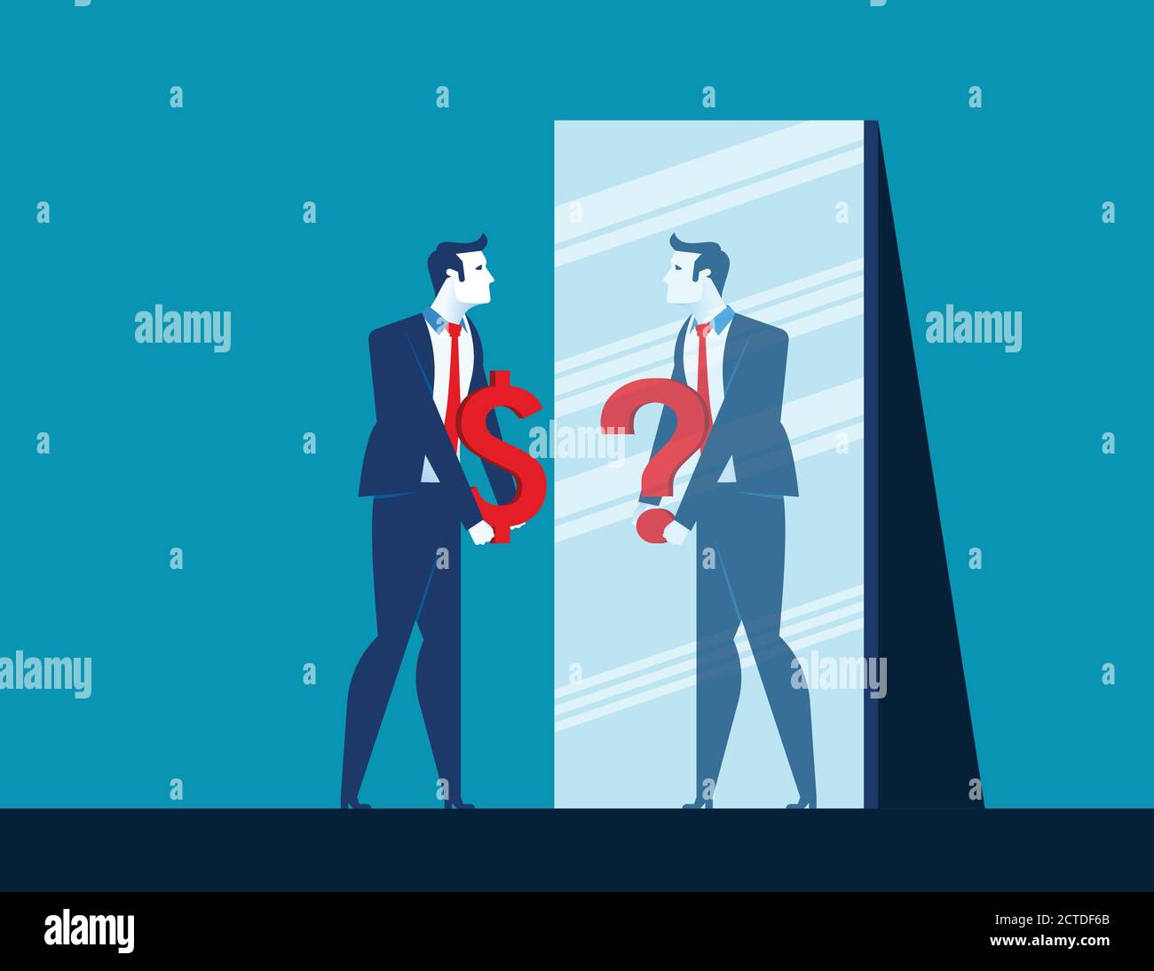 Businessman with dollar sign while mirror reflecting question mark ...