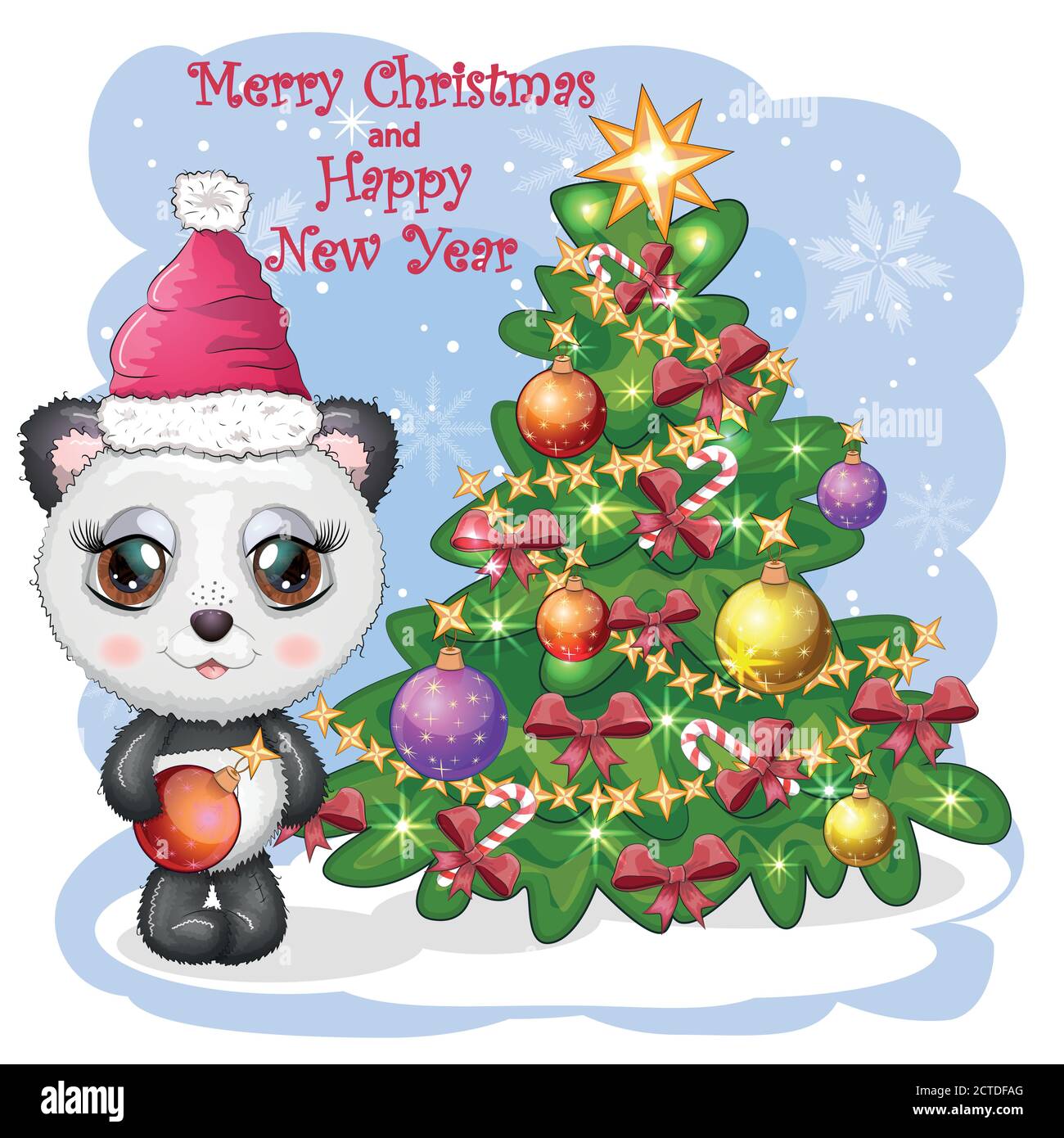 Cute cartoon panda bear with big eyes in a red Santa Claus hat with a ...