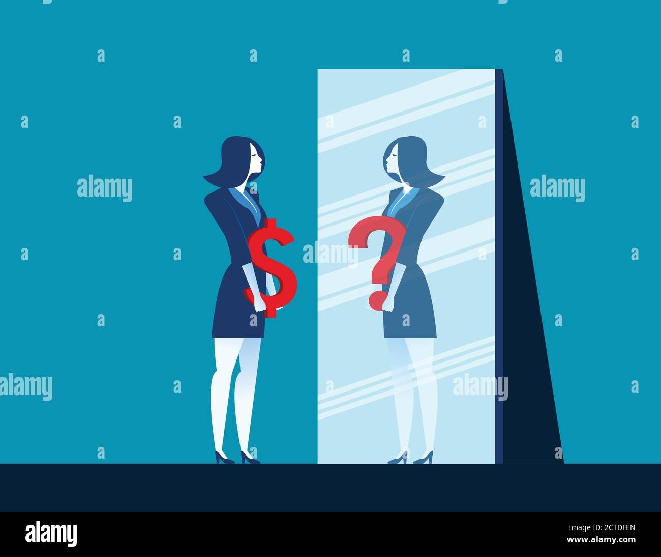 Businesswoman with dollar sign while mirror reflecting question mark ...