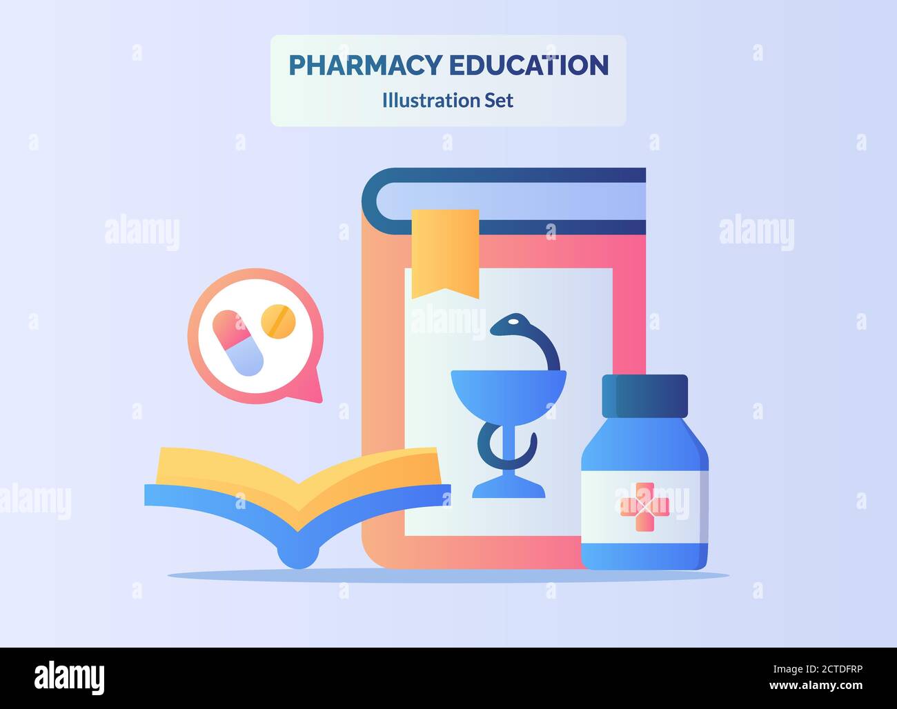 Pharmacy education concept learn book pill tablet drugs with flat ...