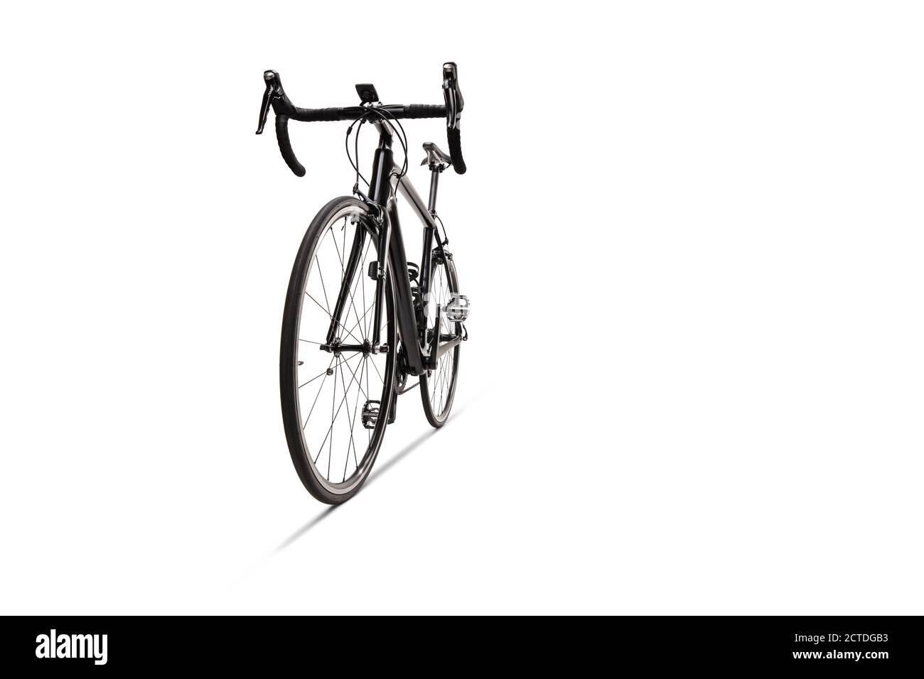 Wide angle side view of a black road bicycle isolated on white ...