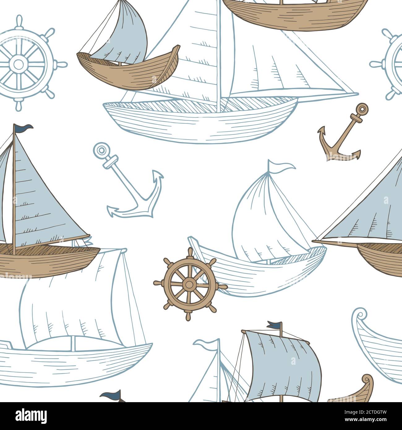 Boat graphic blue brown color sketch seamless pattern illustration ...