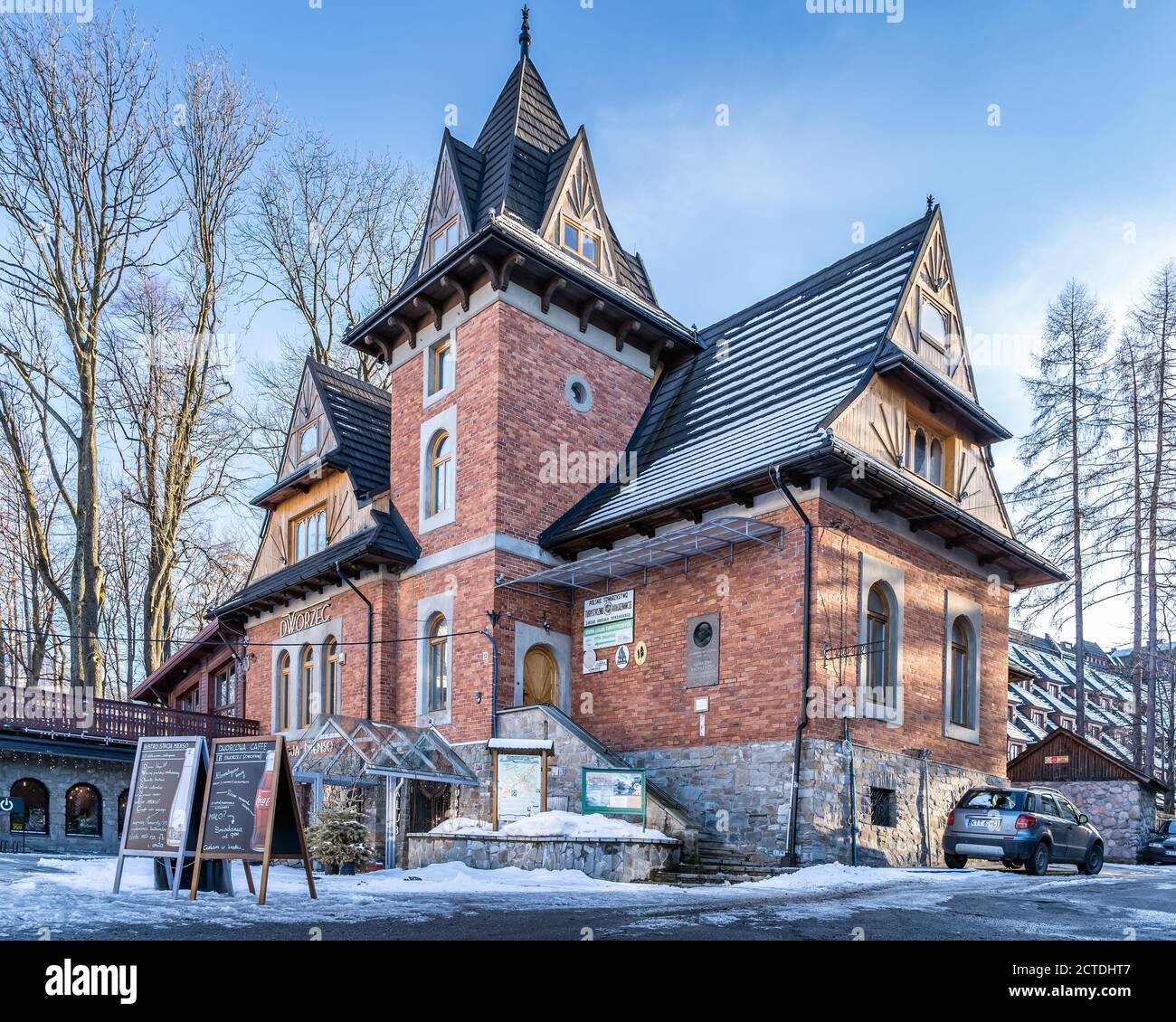 Zakopane, Poland, March 2019 Old train station on Krupowki promenade ...