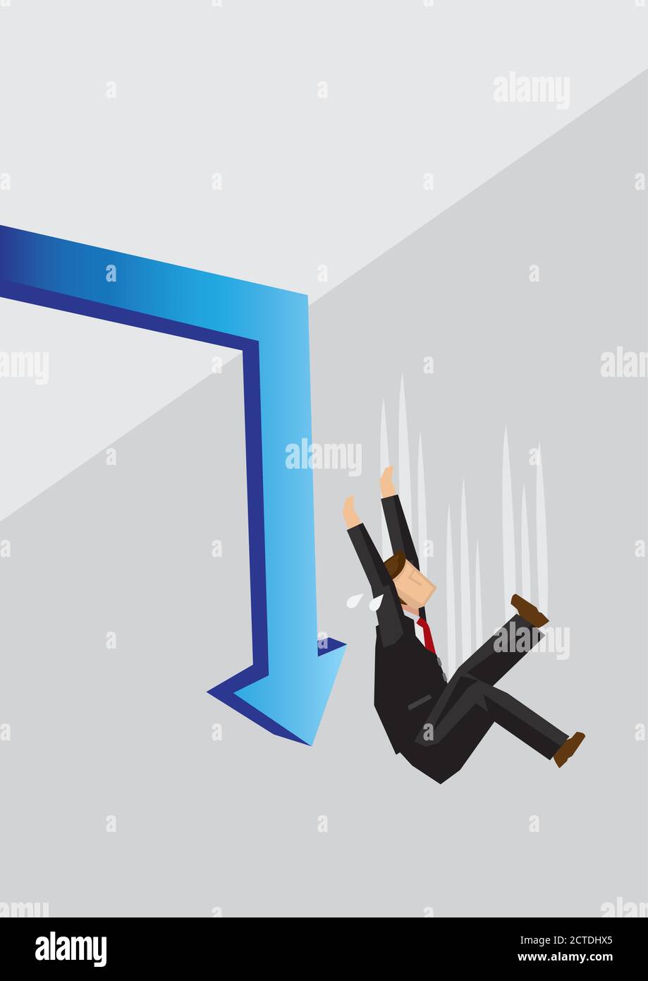 Blue arrow turns down sharply and businessman fall over the edge ...