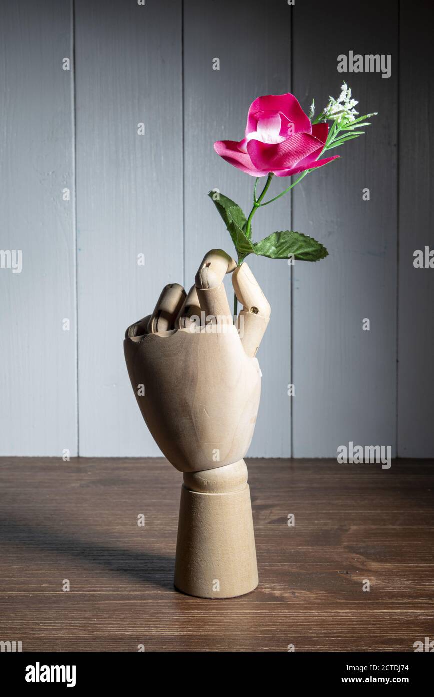a flower held by a jointed wooden hand Stock Photo - Alamy