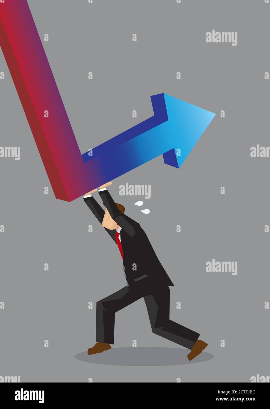 Cartoon man pushing hard to reverse red down arrow into a blue up arrow ...