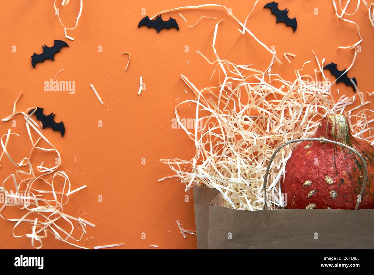 Autumn composition. Pumpkin and bats on orange background in craft ...