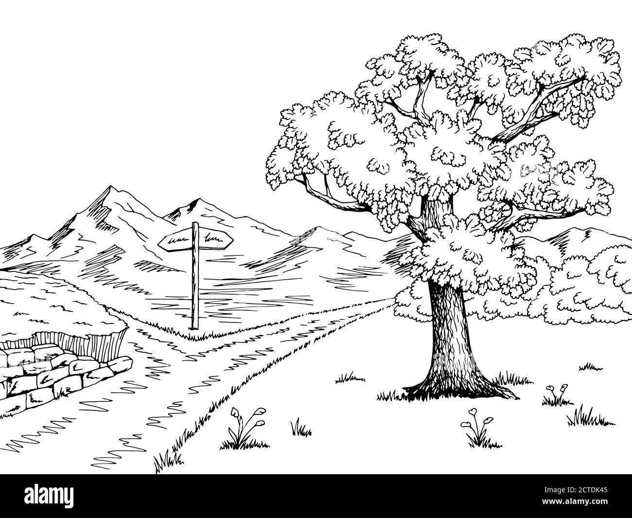Crossroad pathway graphic black white landscape sketch illustration ...
