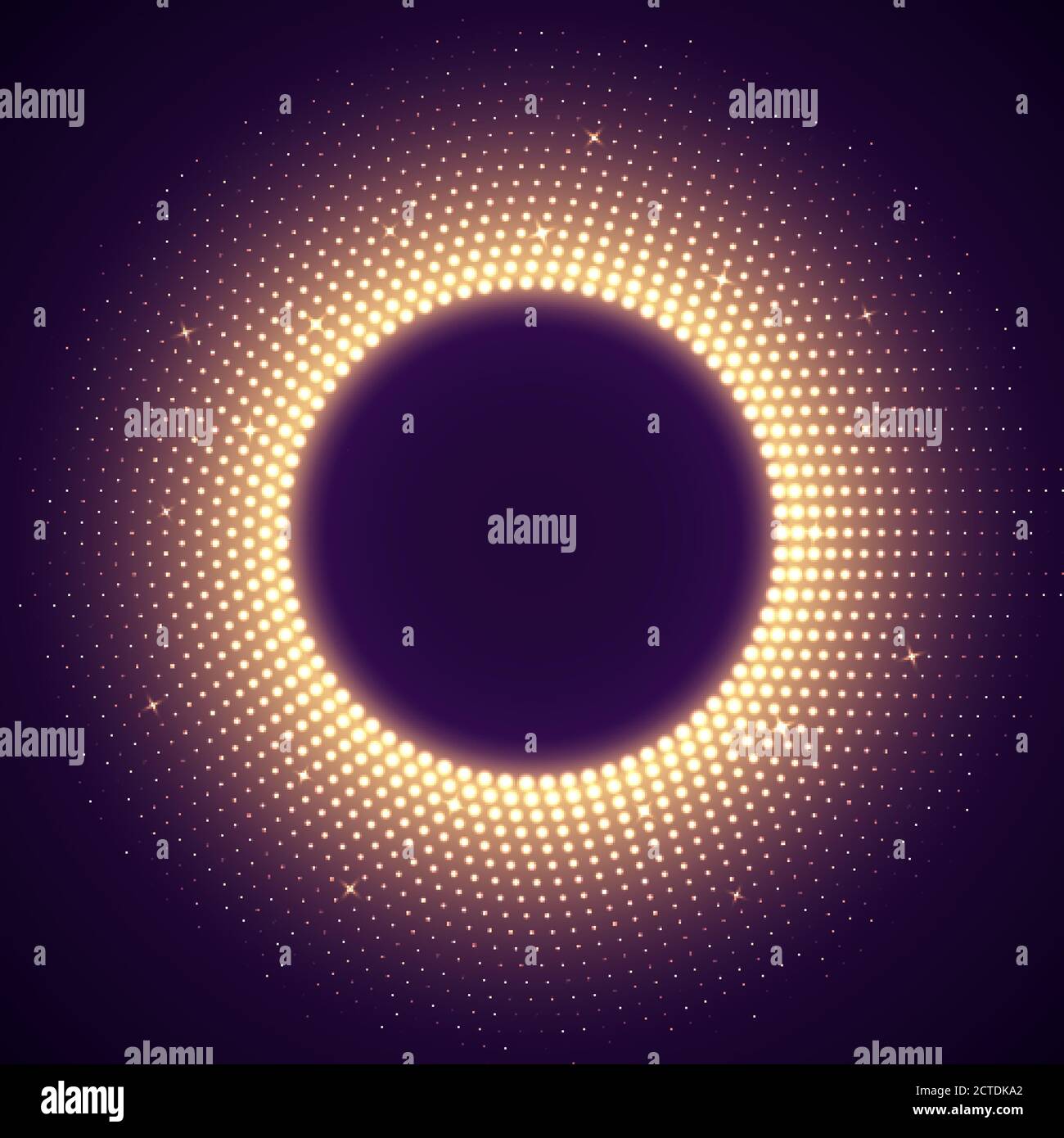 Golden round frame in disco style. Bright illuminated circular border ...