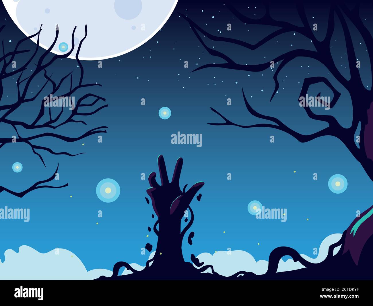 halloween background with zombie hand and full moon vector illustration ...
