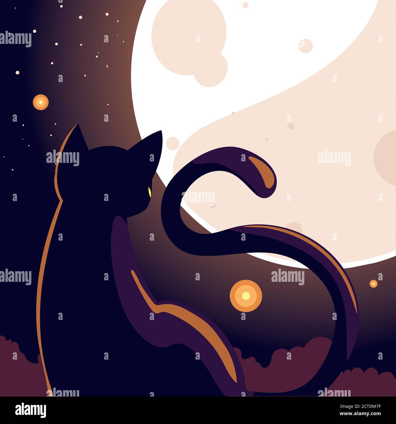 halloween background with cat in dark night and full moon vector ...