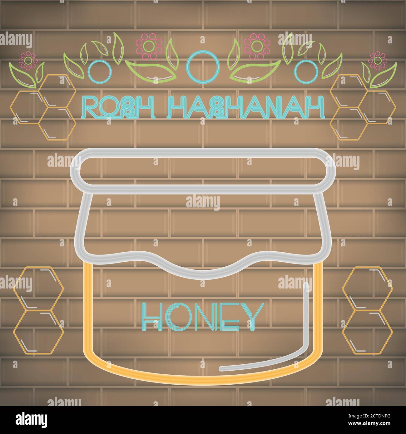 Rosh Hashanah celebration. Honey glass in a neon poster - Vector Stock ...