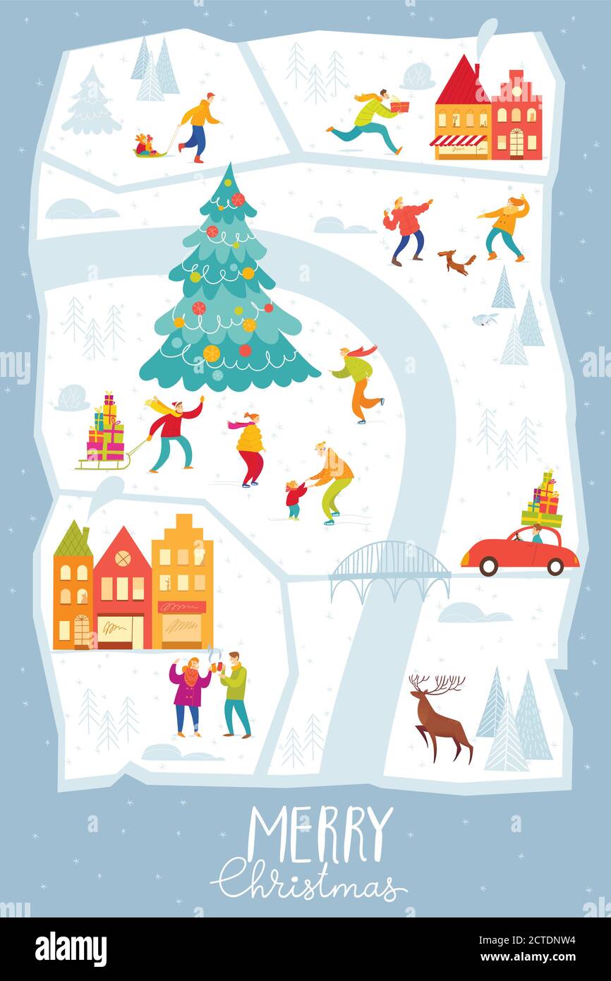 Merry Christmas card with city map and people doing winter activities ...