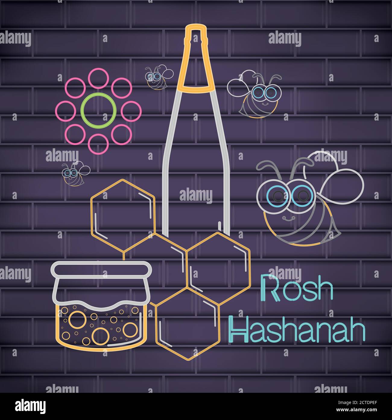 Rosh Hashanah celebration. Honey glass in a neon poster - Vector Stock ...