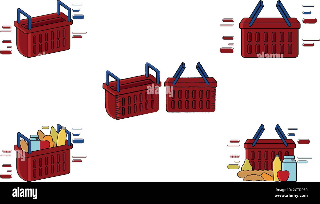 Set of shopping baskets icons with foods and beverages - Vector Stock ...