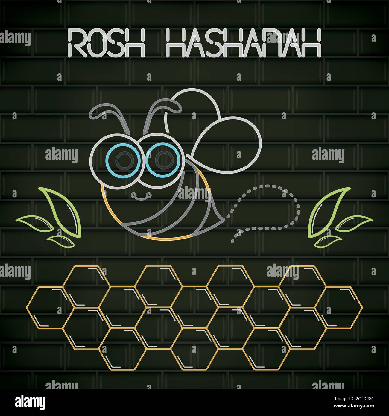 Rosh Hashanah neon poster with a bee cartoon - Vector Stock Vector ...