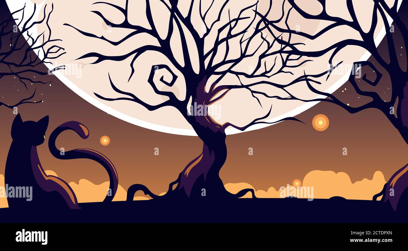 halloween night background with cat and full moon vector illustration ...