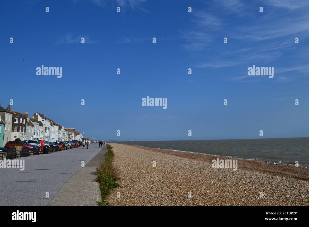 Long shingle beach at Deal, Kent looking north towards Thanet and ...