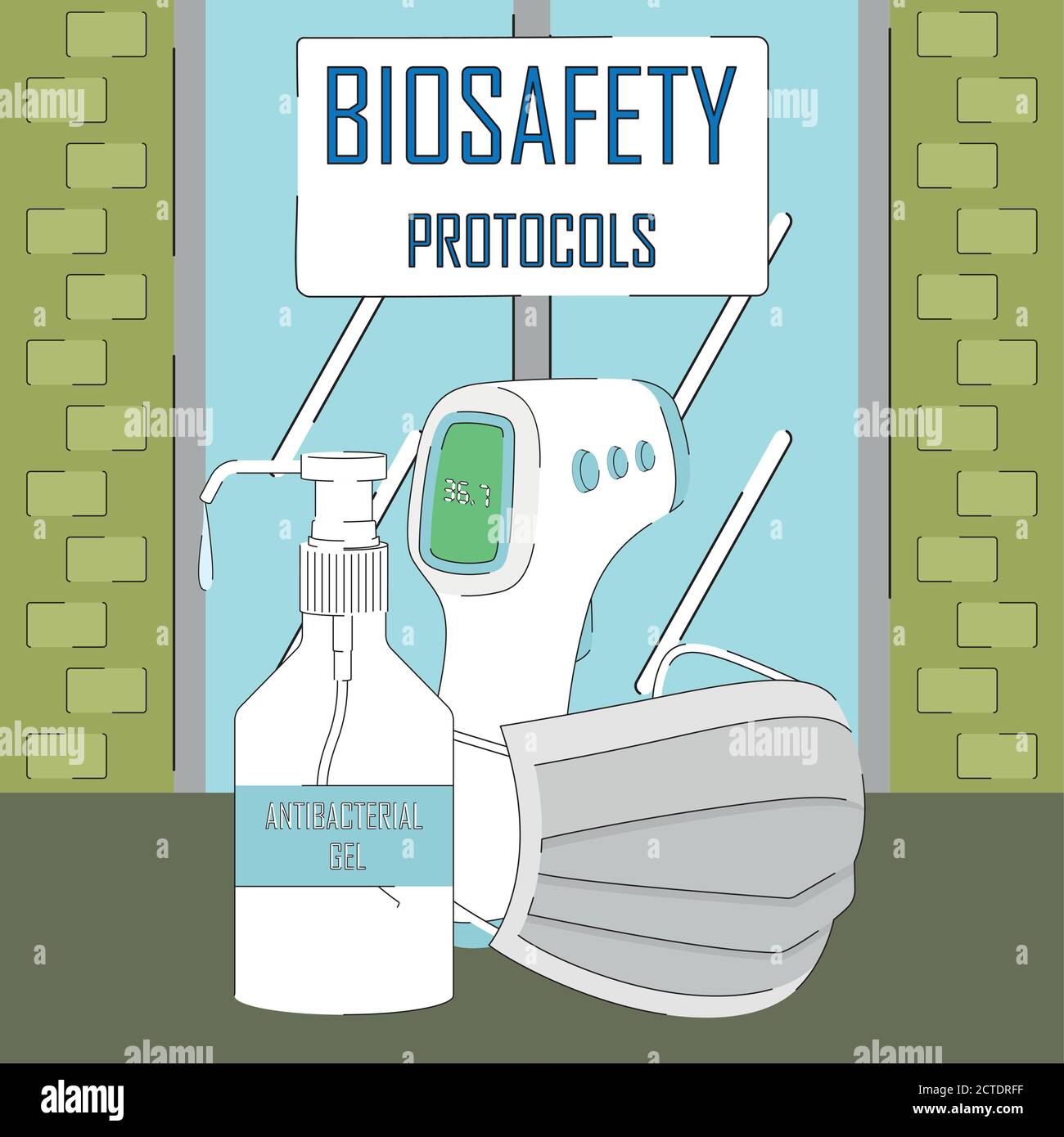 Biosafety protocols poster. Use of antibacterial gel and take corporal ...