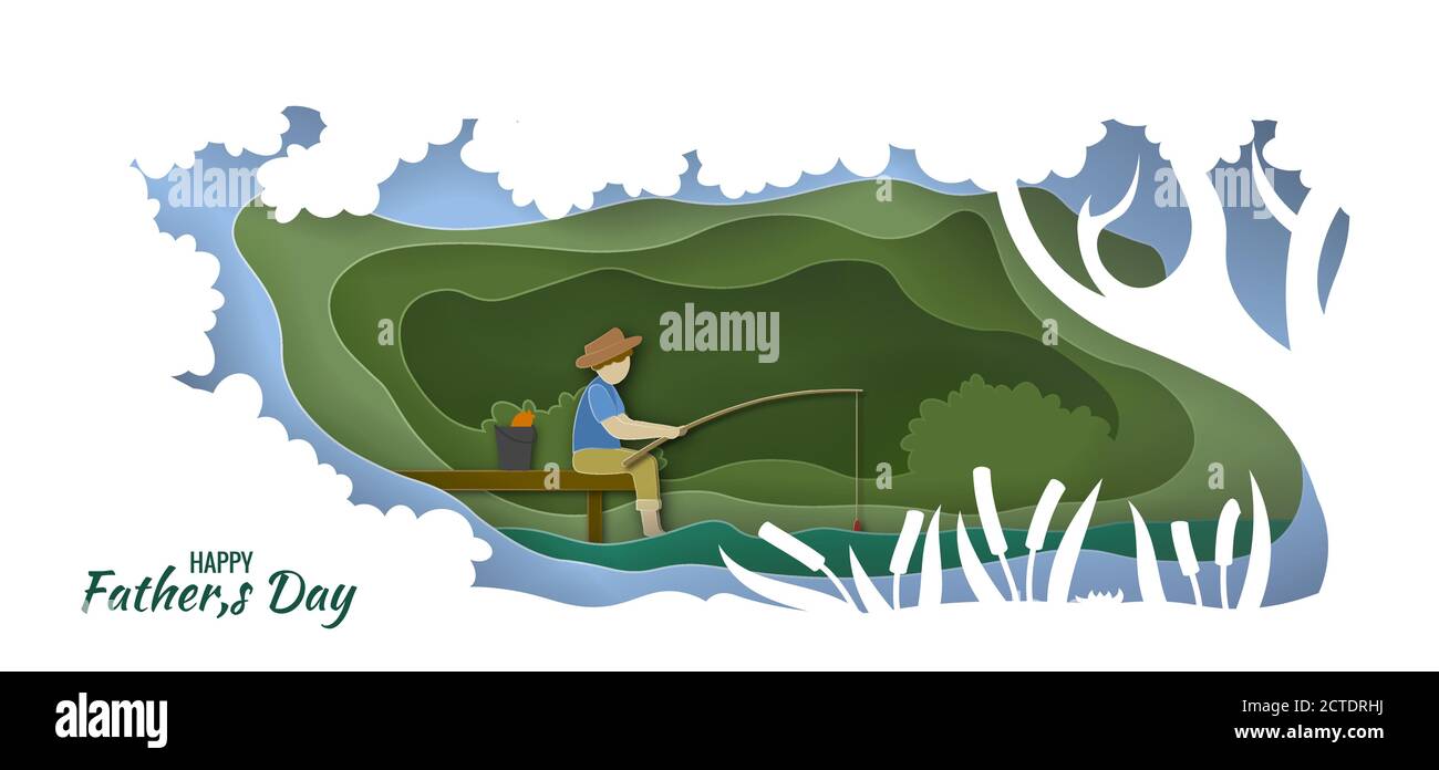 Happy father's day. Man fishing. Happy father s day card. Paper cut ...