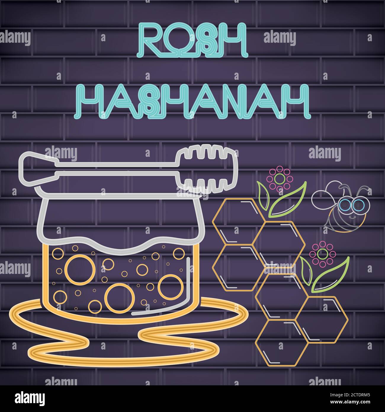 Rosh Hashanah celebration. Honey glass in a neon poster - Vector Stock ...