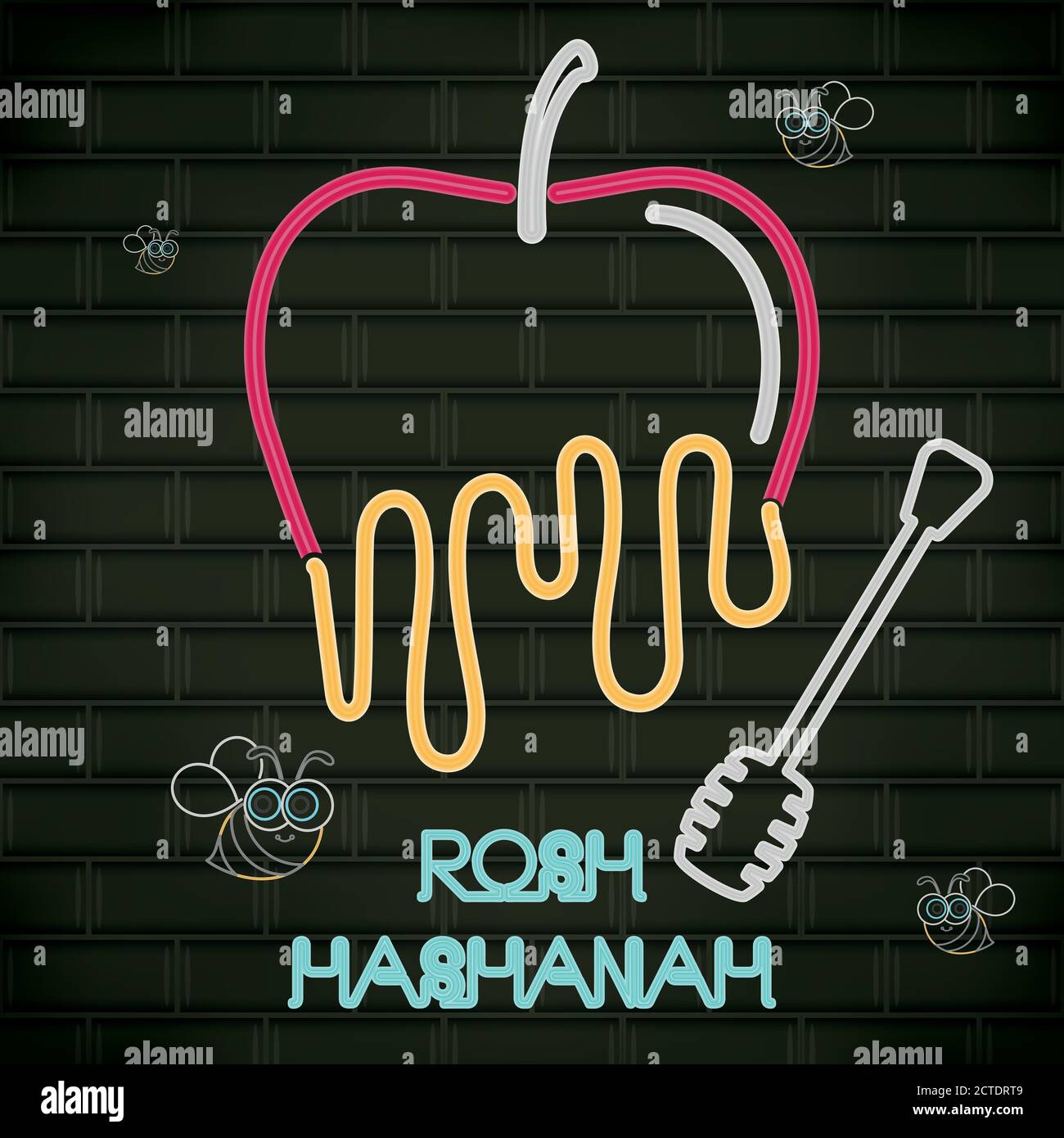 Rosh Hashanah neon poster with an apple and honey dipper - Vector Stock ...