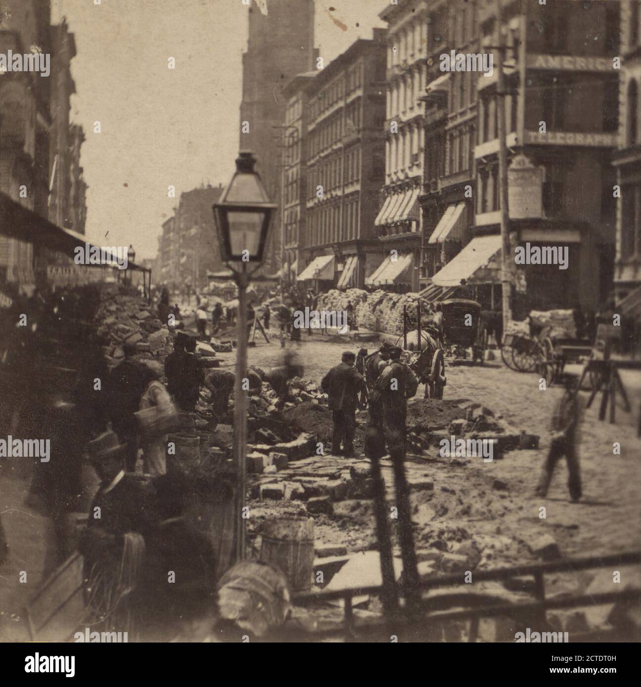 Street construction in lower Manhattan., 1865, New York (State), New ...