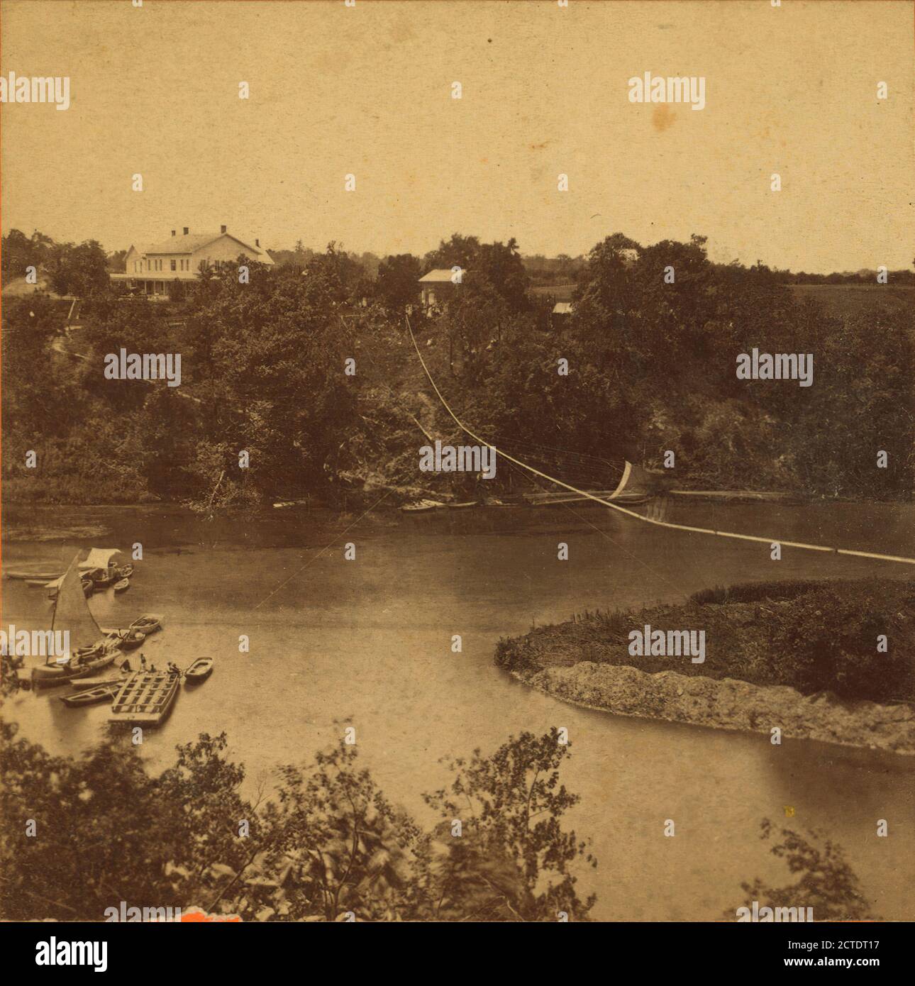 View of a river with boats, trees, and a house., M. E. Beckwith & Son ...