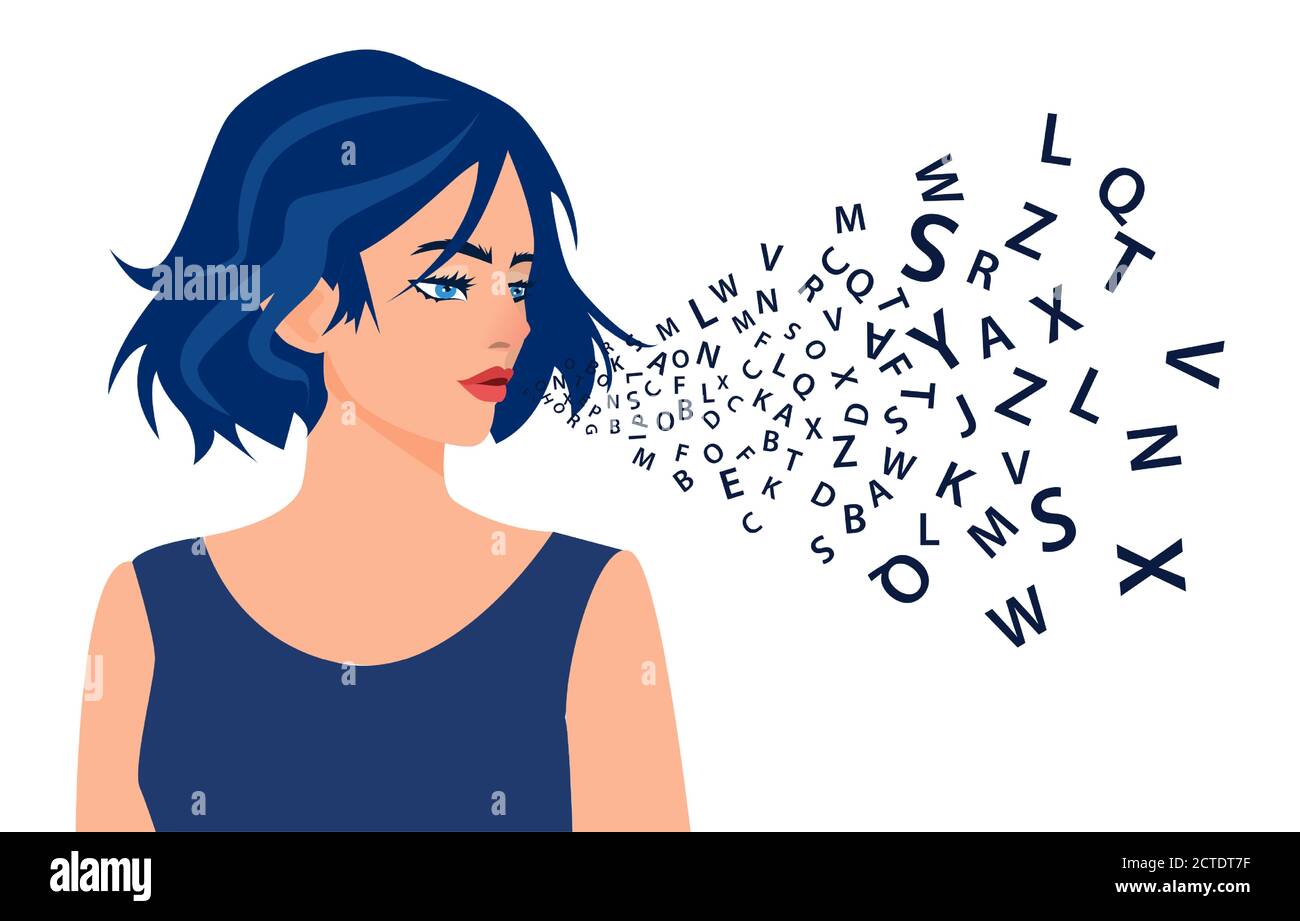 Vector of a young woman talking with alphabet letters coming out of her ...