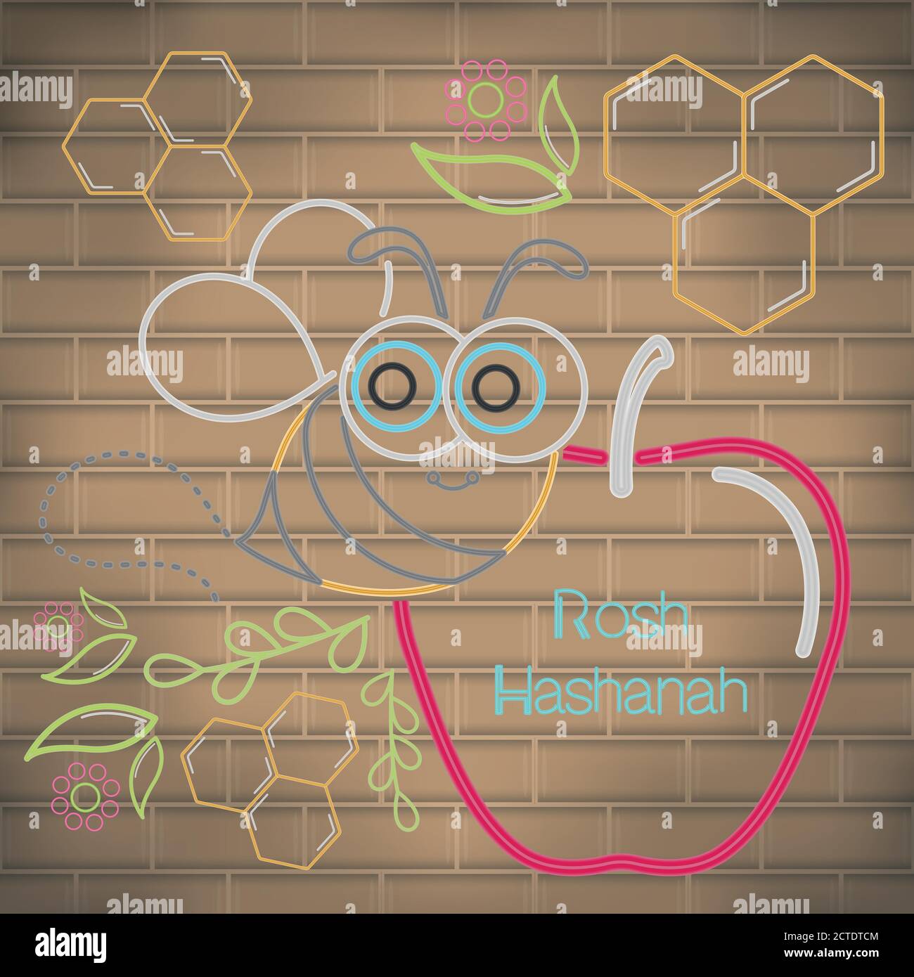 Rosh Hashanah neon poster with a bee cartoon and apple - Vector Stock ...