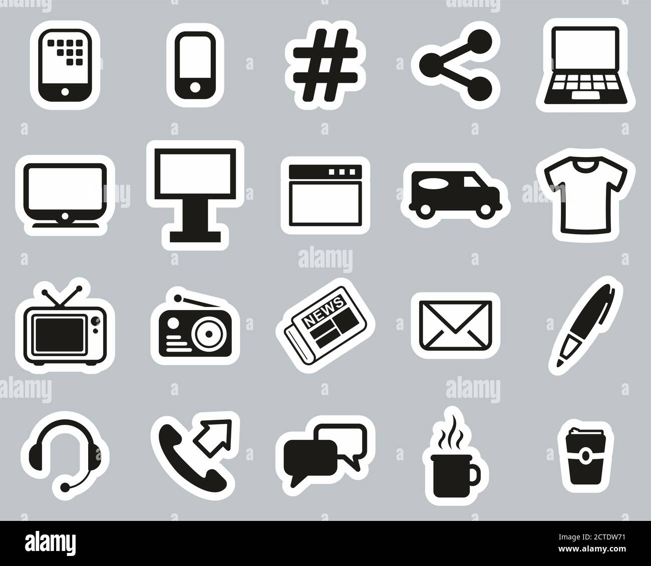 Advertising Media Icons Black & White Sticker Set Big Stock Vector ...