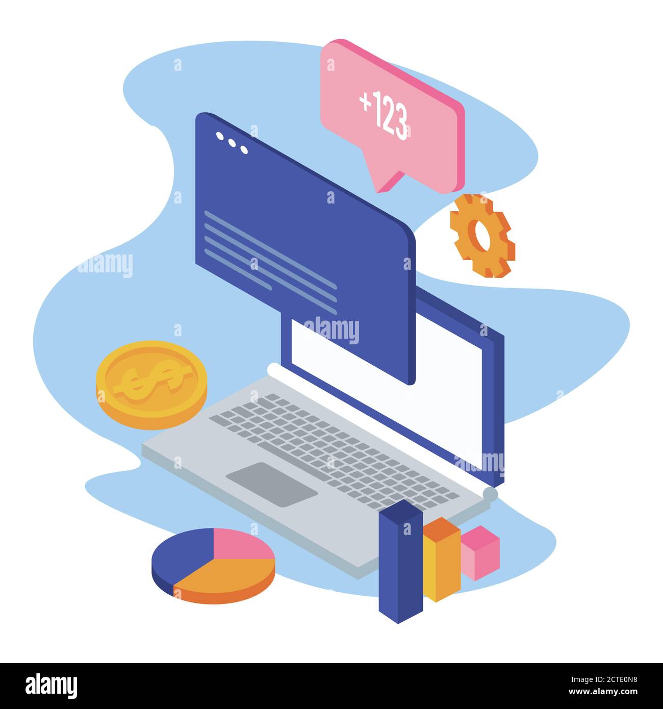 data analysis technology with laptop computer and speech bubble vector ...