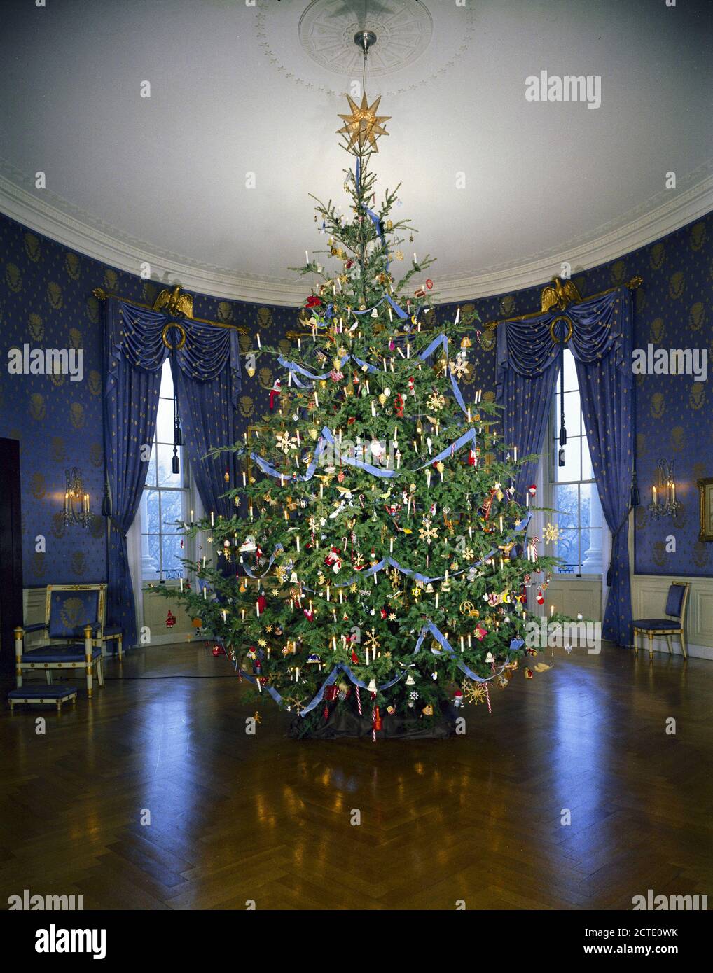 Large Christmas tree in the Blue Room of the Kennedy White House in ...
