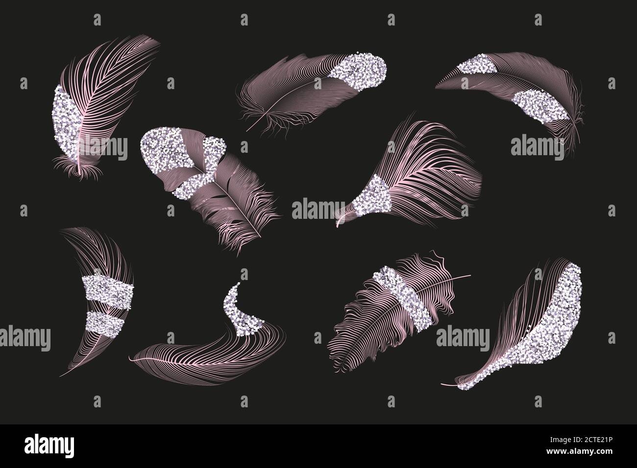 Vector gold,pink ,silver feathers collection set on a white background ...