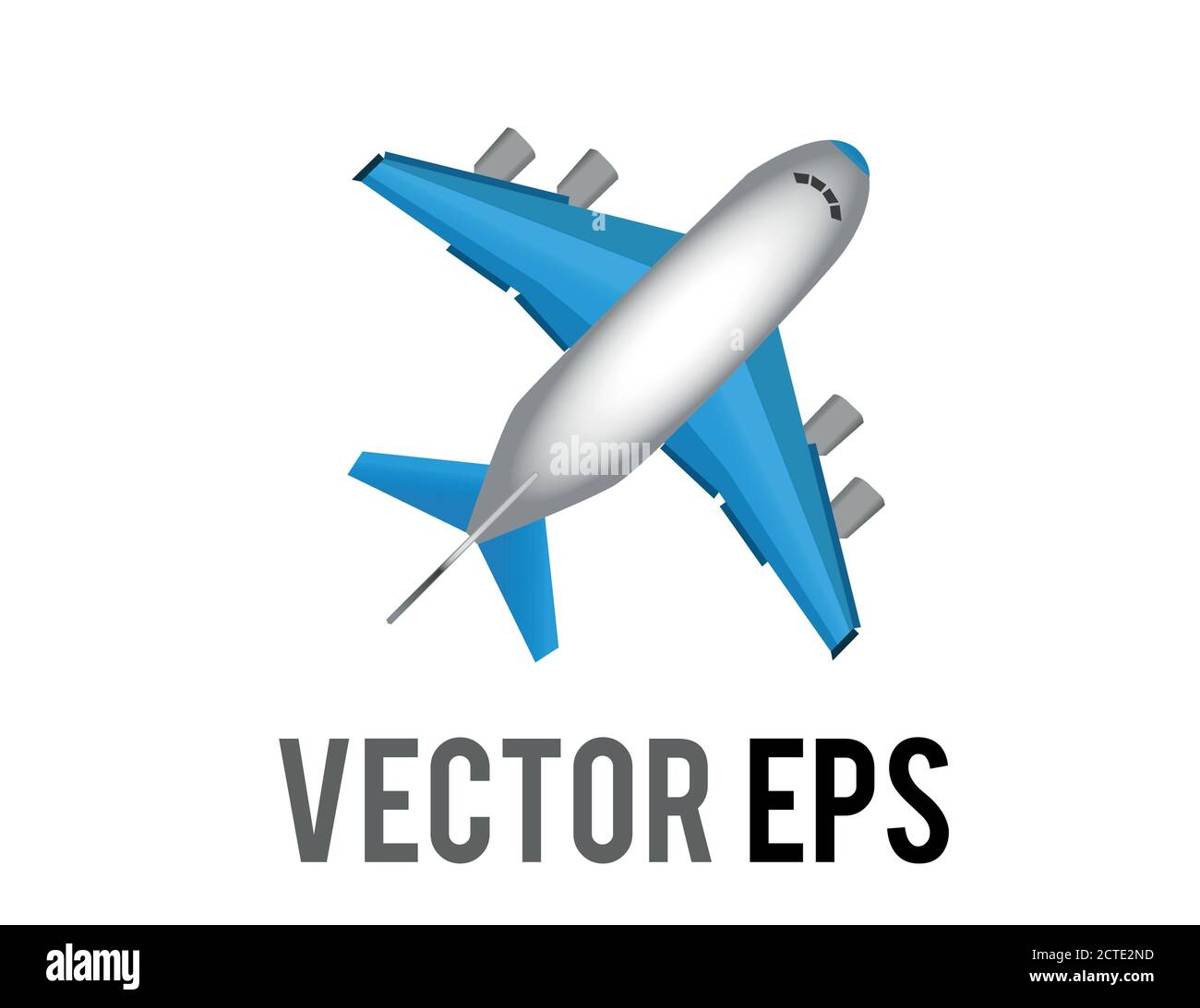 The vector white literal airplane icon with blue wings and engines ...