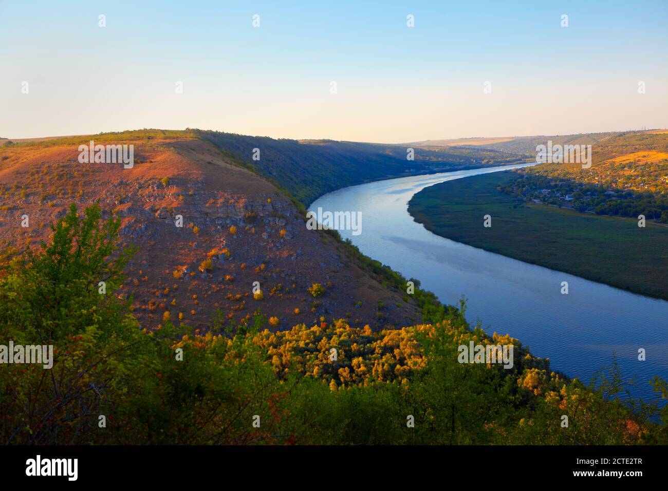 Winding river between green cliffs . Scenery of Dnister river in ...
