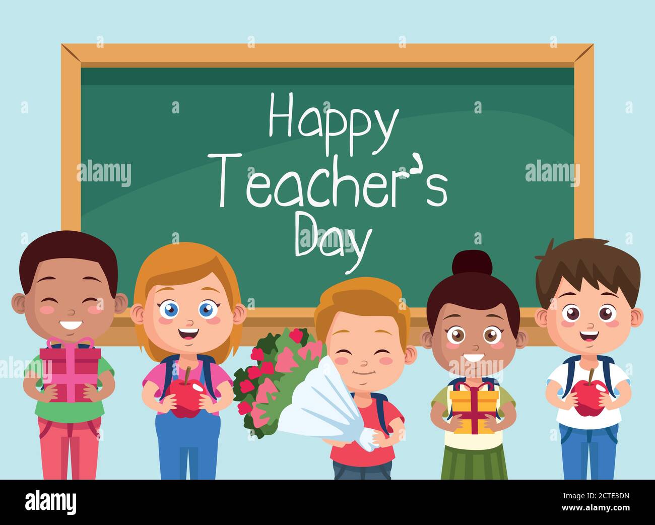 happy teachers day scene with students kids in classroom vector ...