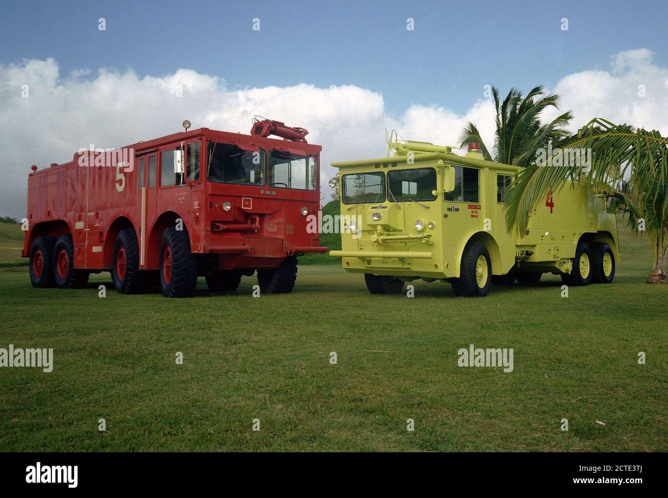 1977 - A left front view of a new lime-colored fire engine used at the ...
